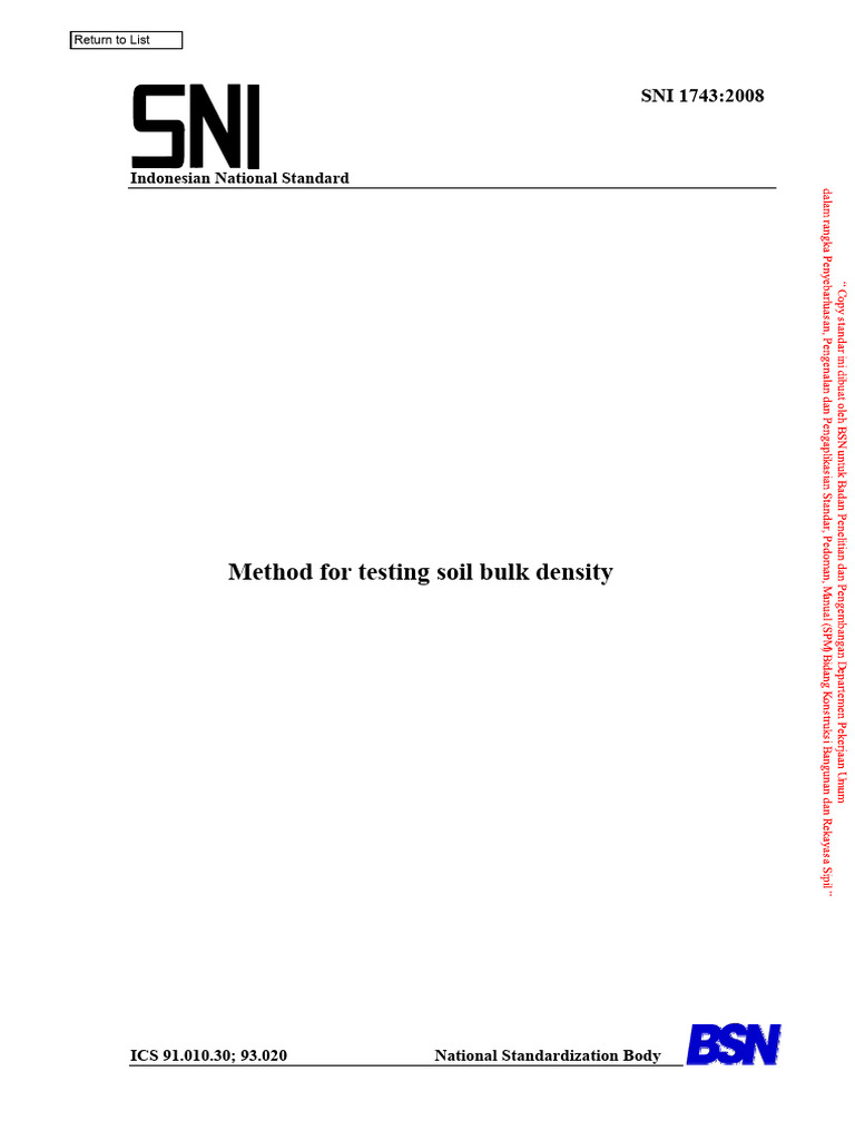 Soil Bulk Density Testing Method SNI 1743 | PDF | Density | Soil