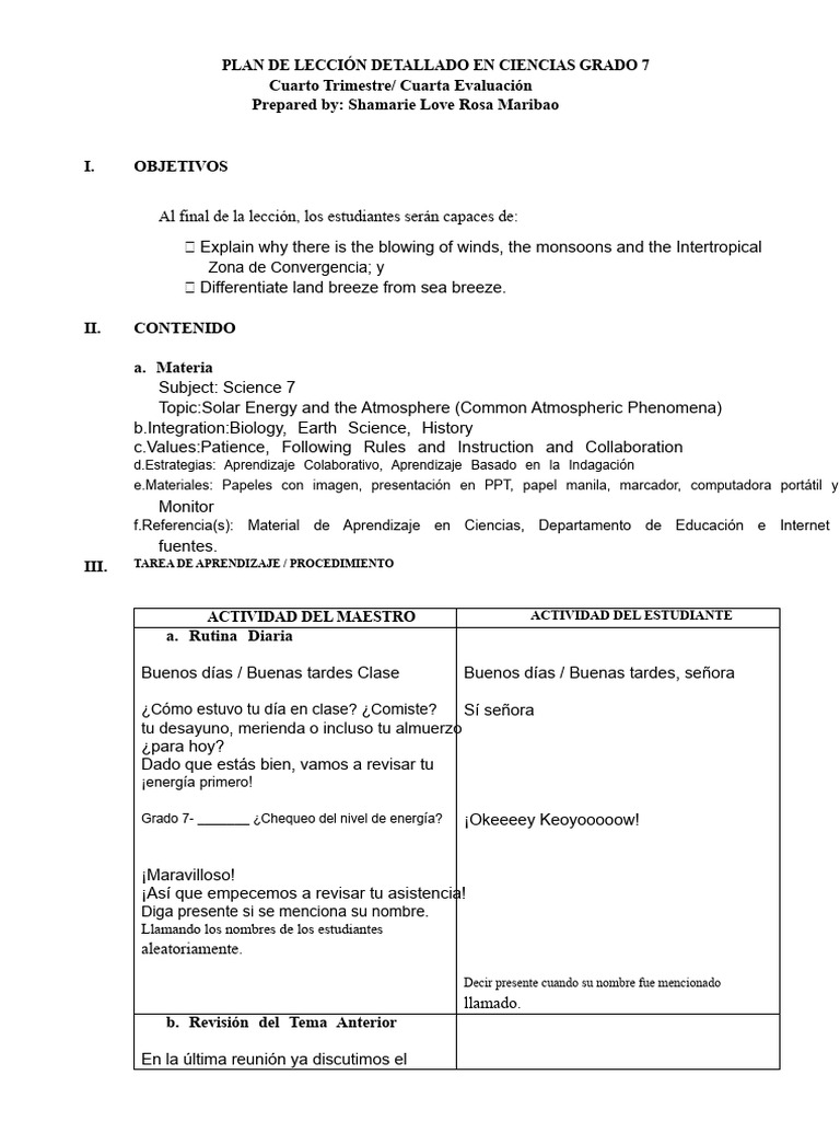 Plan de Lección Detallado en Ciencias 7 Grado | PDF | Herida | Naturaleza