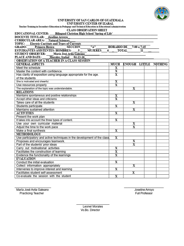 Teacher Observation Sheet For Intern | PDF | Teachers | Methodology