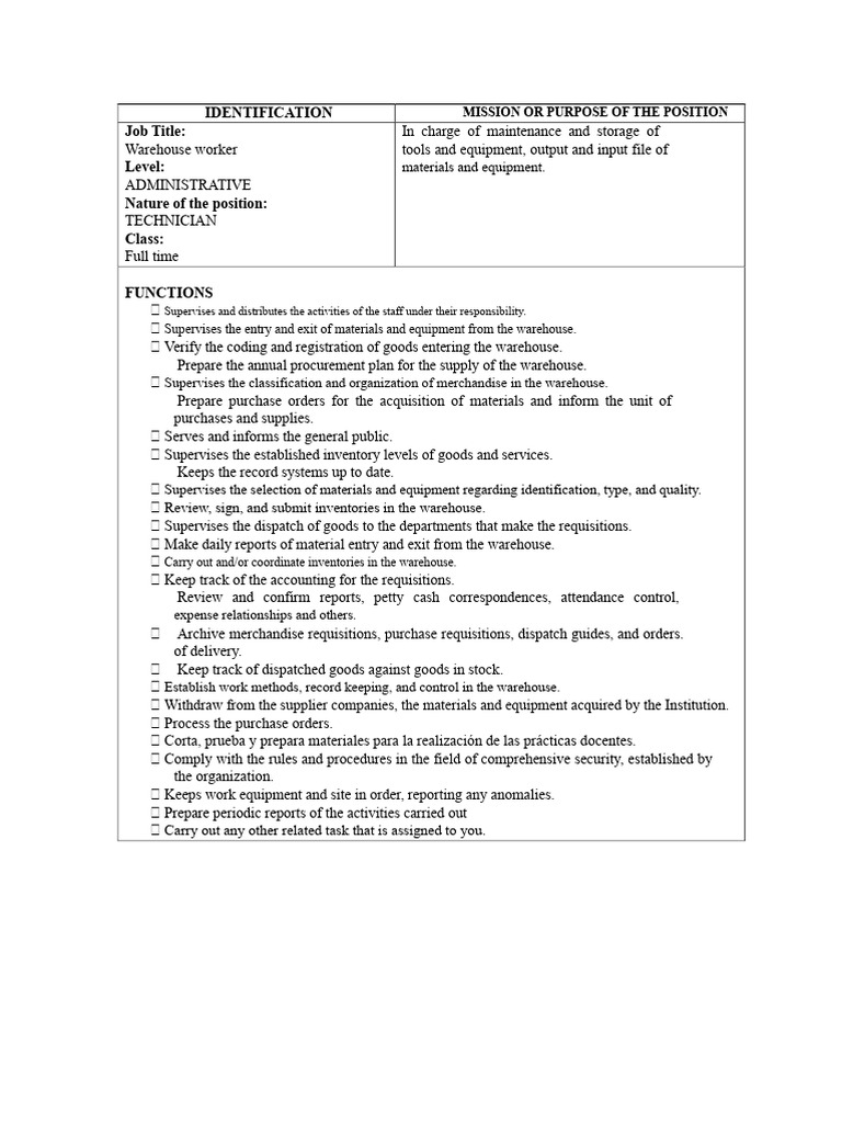 Warehouse Worker Job Description | PDF | Warehouse | Inventory