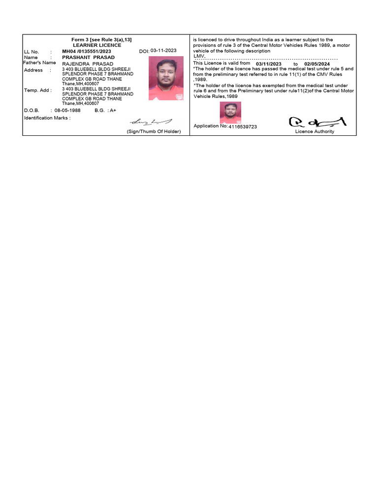 Form 3 (See Rule 3 (A), 13) Learner Licence | PDF