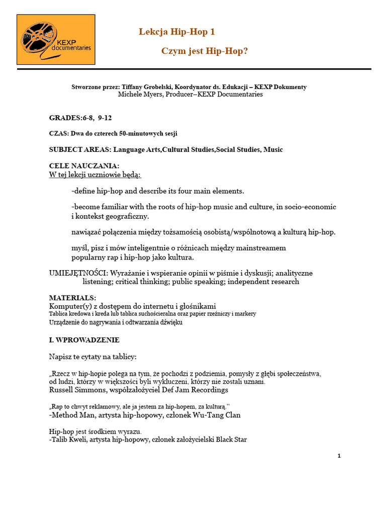 Plan Lekcji Hip Hop | PDF