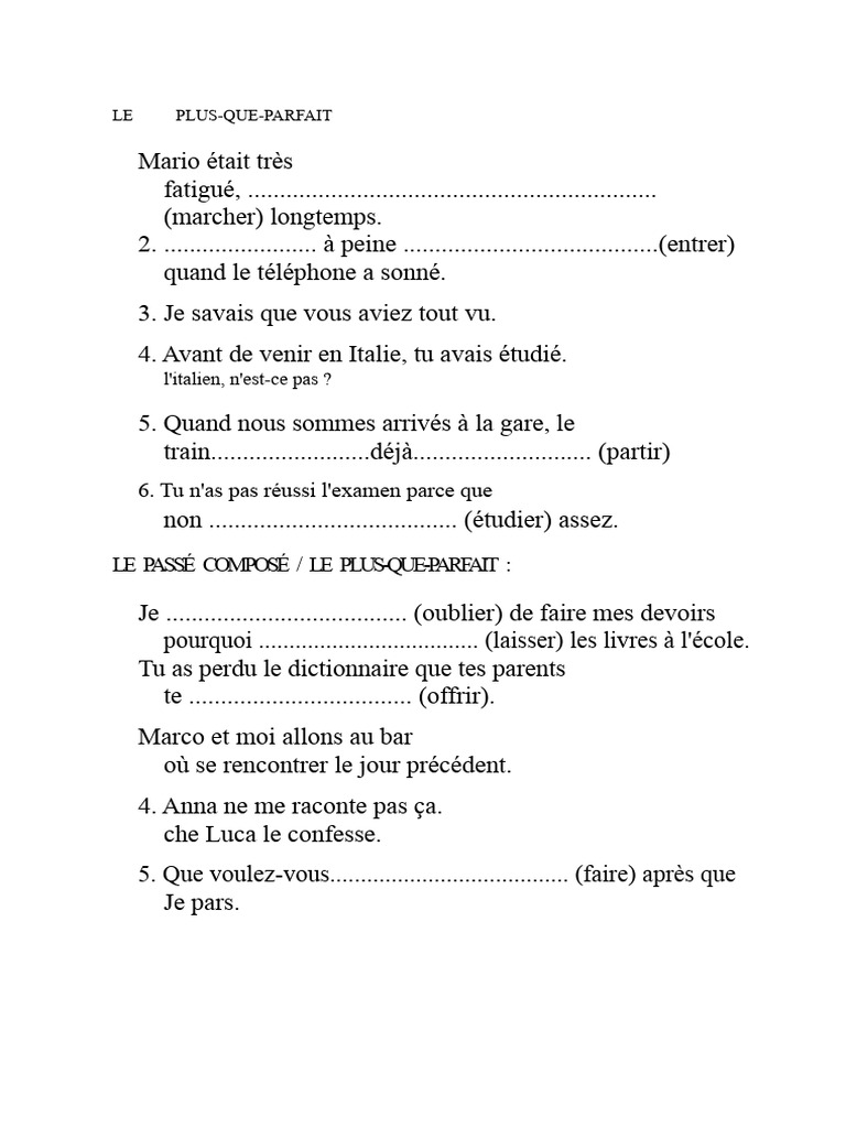 Exercices sur le plus-que-parfait en italien | PDF
