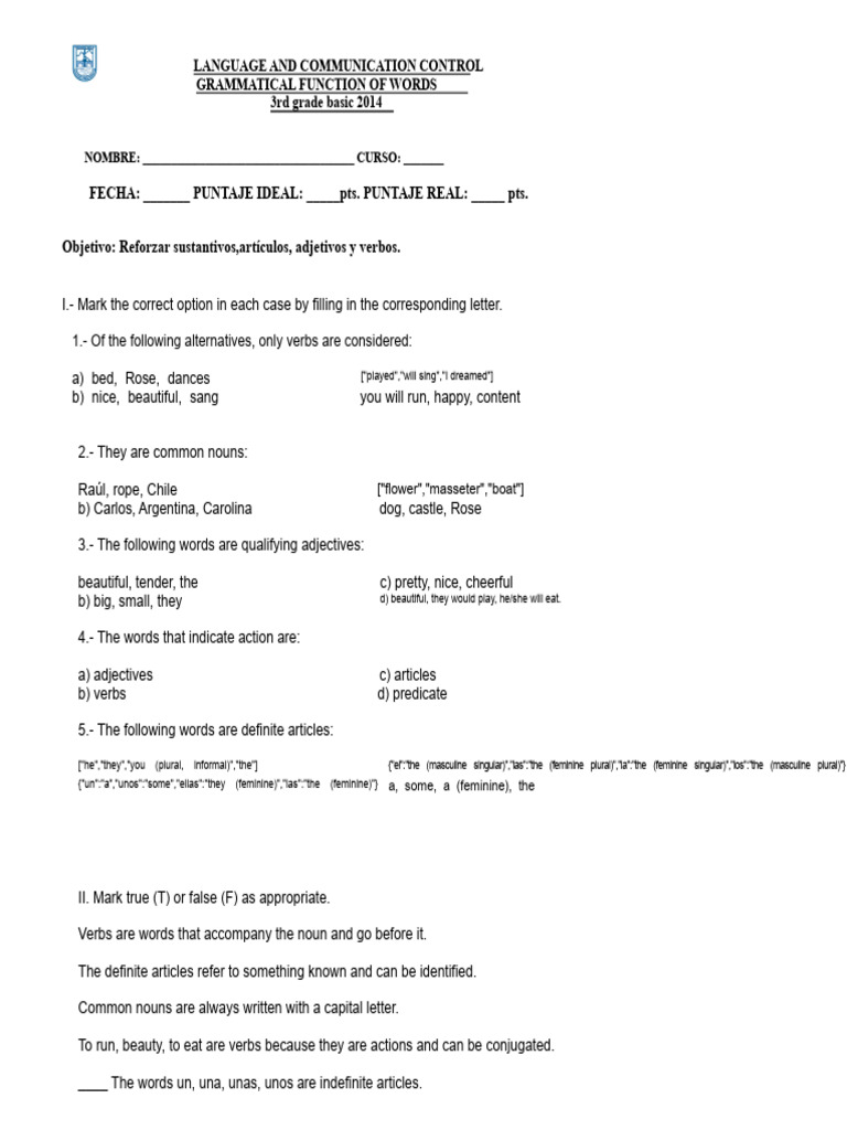 LANGUAGE TEST Adjectives, Nouns, Articles, Verbs | PDF | Grammatical ...