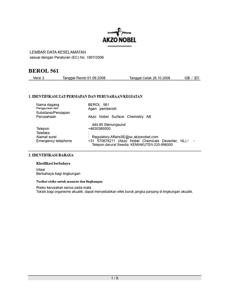 Lembar Data Keselamatan BEROL 561 | PDF