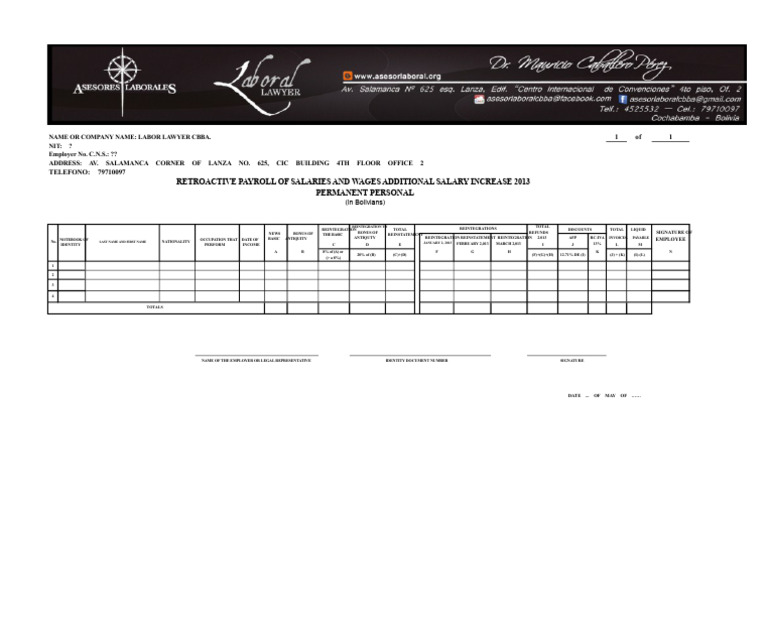 Retroactive Form Model 2013 Bolivia | PDF | Payroll | Salary