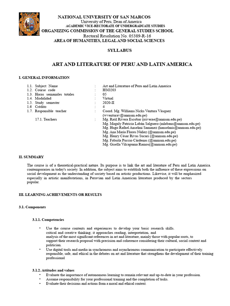 Humanities Area - Syllabus Art and Literature of Peru and Latin America ...