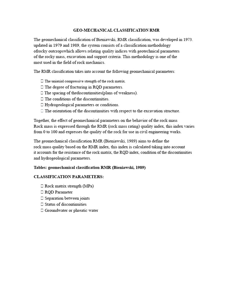 Geomechanical Classification RMR | PDF | Strength Of Materials | Solid Mechanics