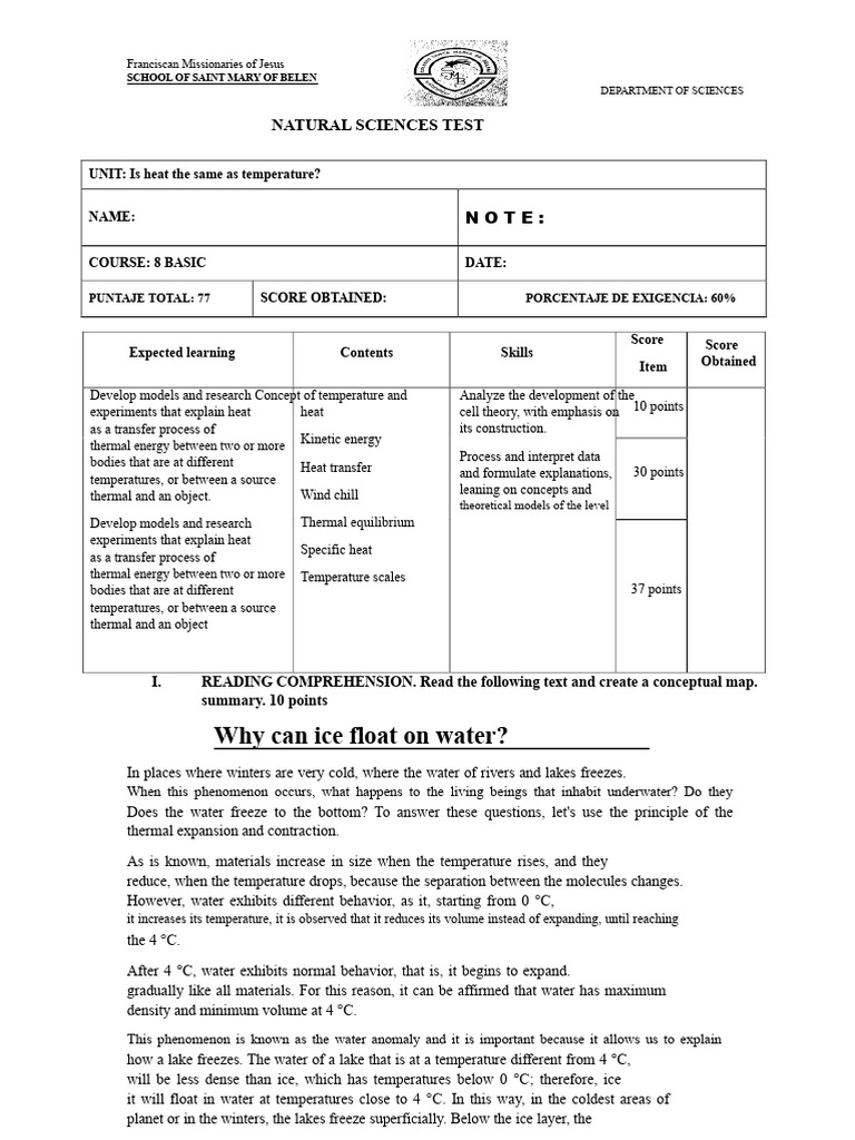 Natural Sciences Test: Heat vs. Temperature | PDF | Temperature | Heat