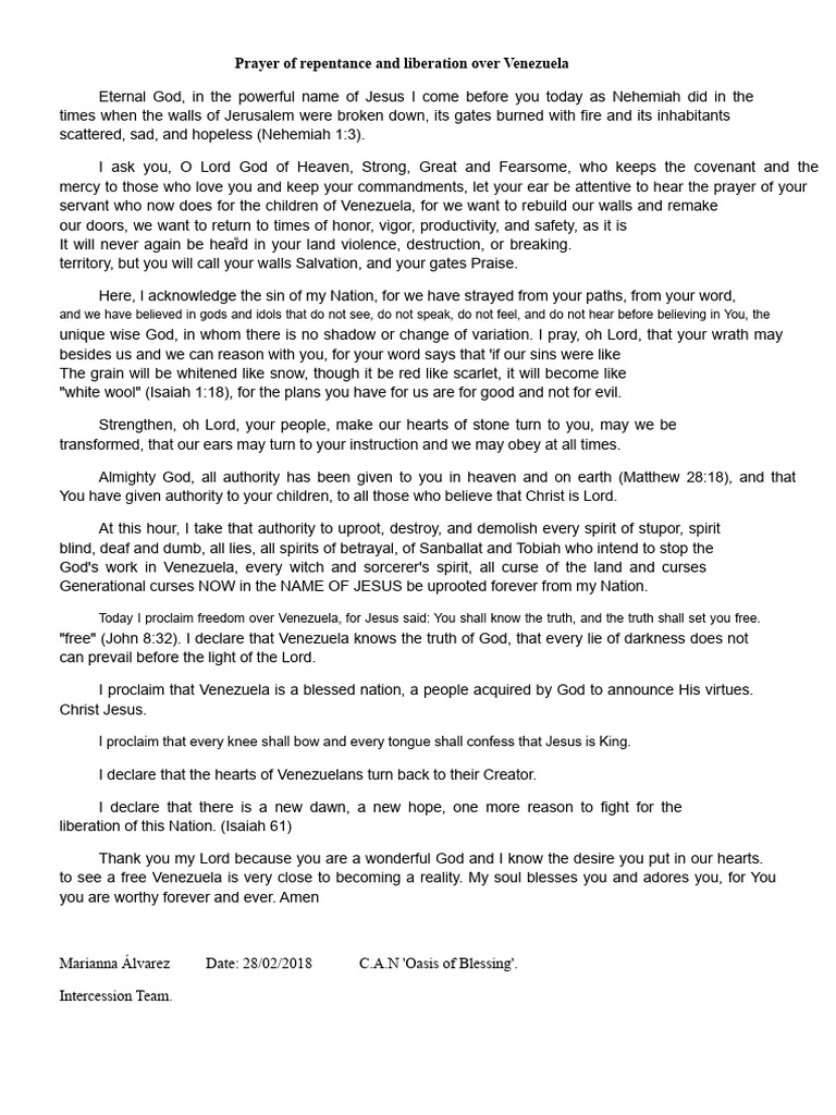 Prayer for Venezuela's Repentance and Freedom | PDF | Jesus | Prayer