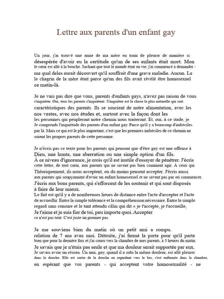 Lettre aux parents d'enfants gays | PDF | Homosexualité | Reproduction ...