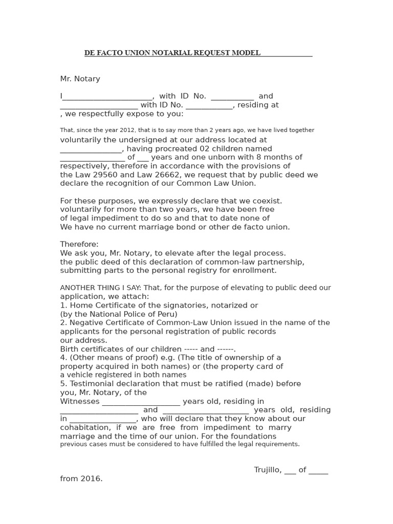 De Facto Union Notarial Request Model | PDF