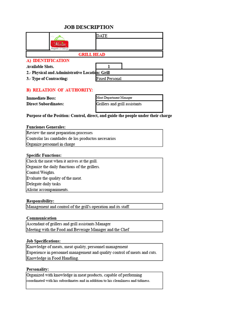 Grill and Kitchen Job Descriptions | PDF | Grilling | Kitchen