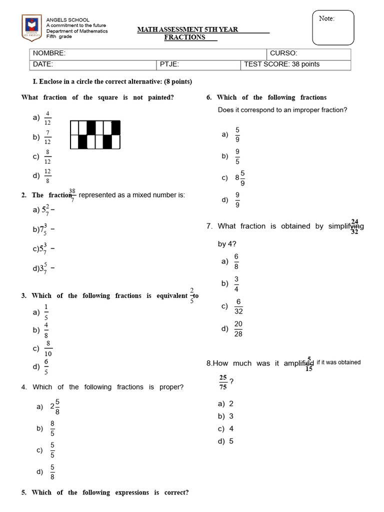 5th Grade Math Assessment: Fractions | PDF | Mathematics