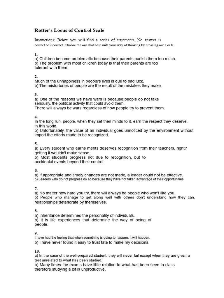 Rotter's Locus of Control Questionnaire | PDF | Social Psychology ...