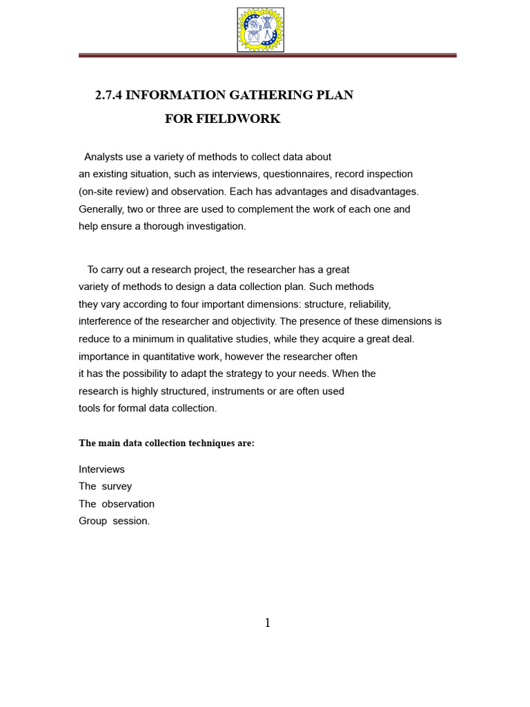 2.7.4 Information Collection Plan For Field Work | PDF | Survey ...