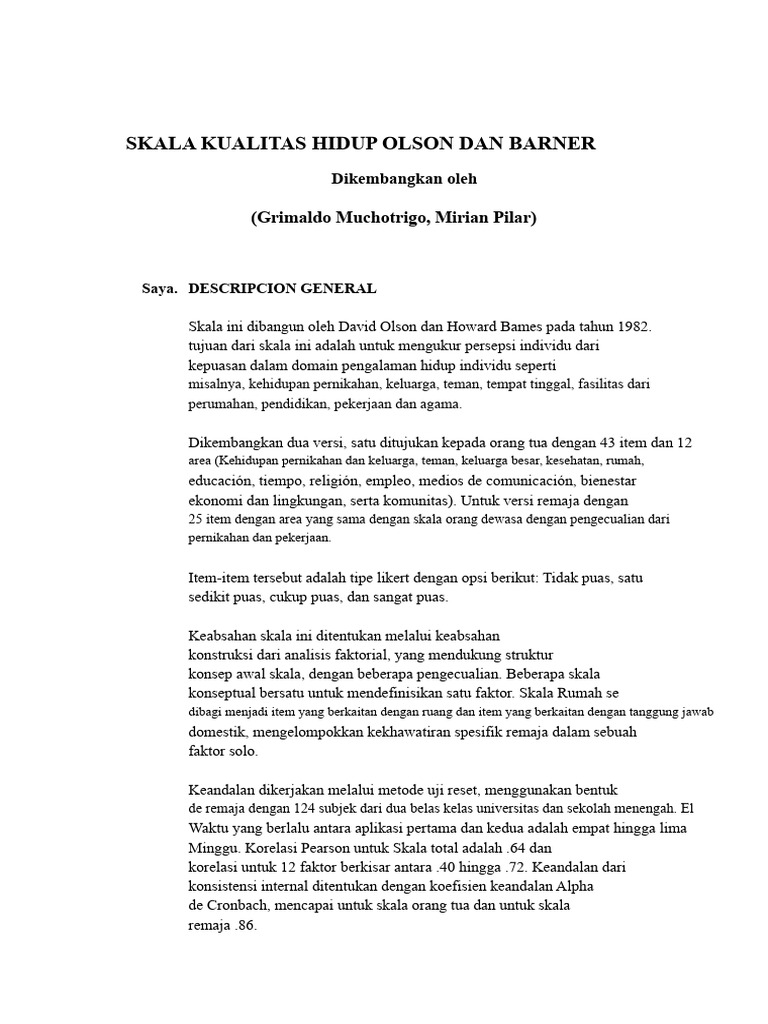 Skala Kualitas Hidup Olson Dan Barner | PDF