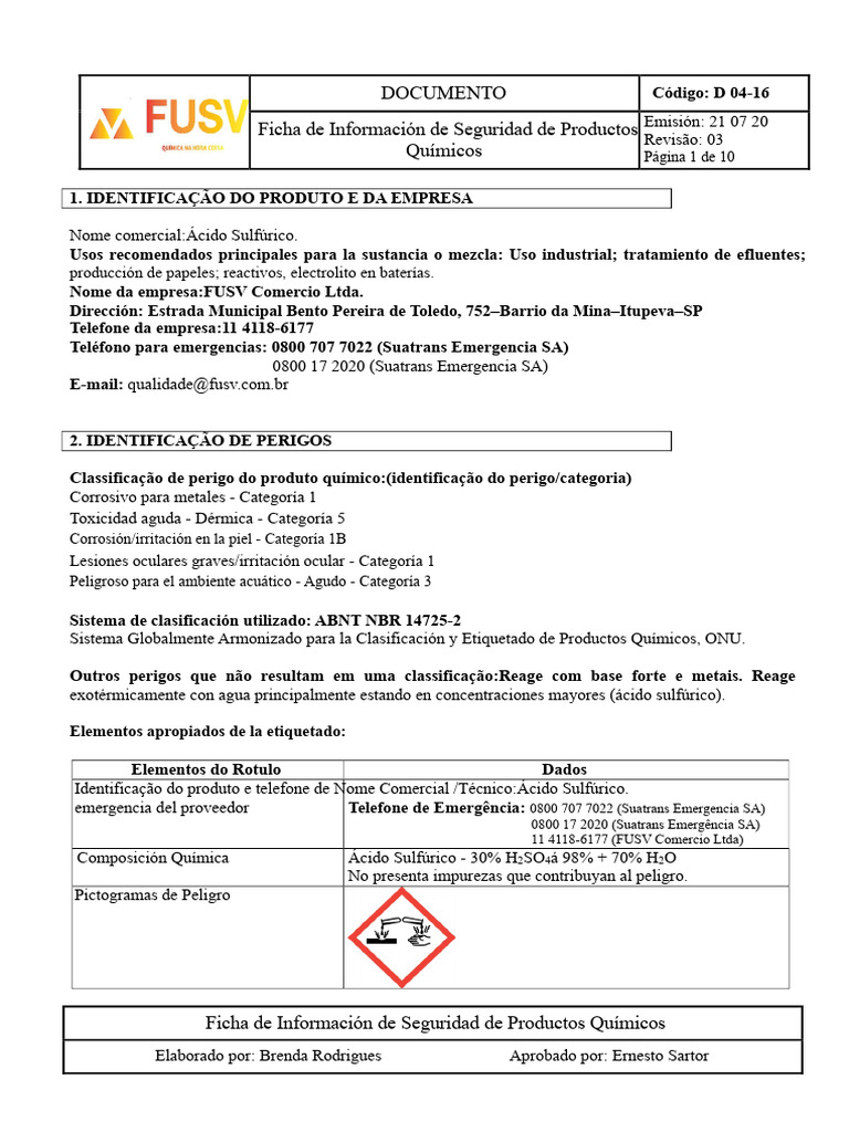 D04-16 FISPQ Del Ácido Sulfúrico 30% REV. 3 | PDF | Corrosión | Agua