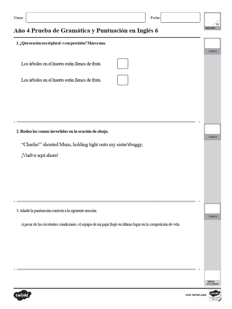 Prueba de Gramática y Puntuación de Inglés para El Año 4 6 | PDF ...