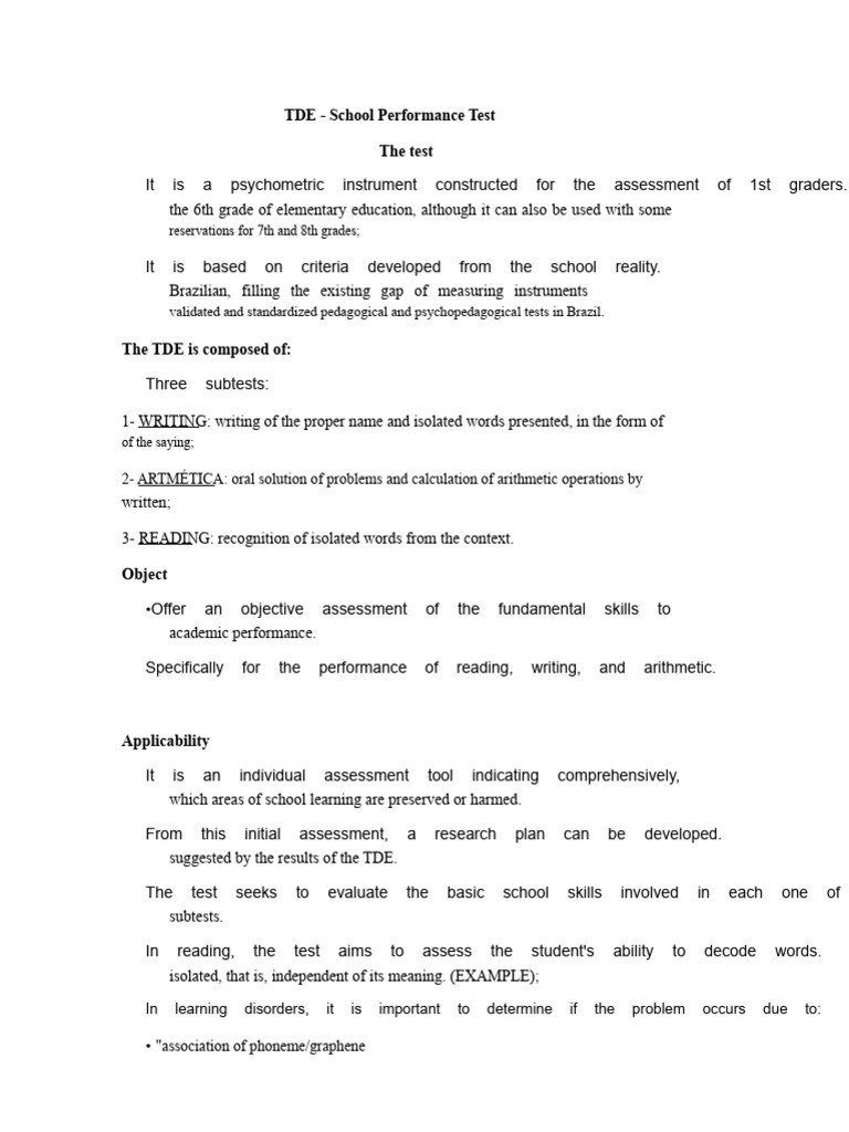TDE - School Performance Test | PDF | Learning | Cognitive Science