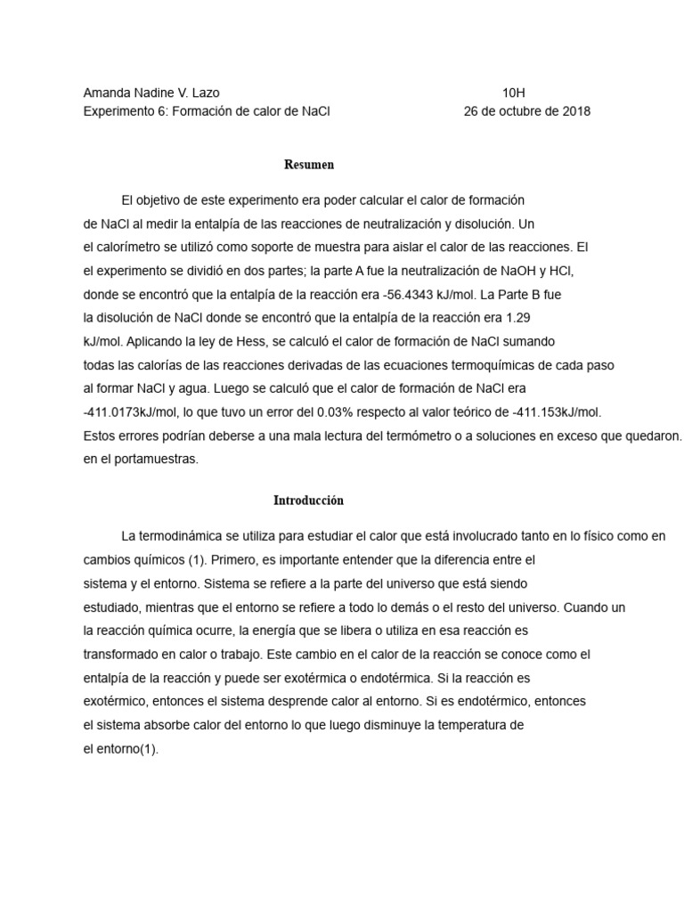 Calor de Formación de NaCl: Estudio Termodinámico | PDF | Calor | Entalpía