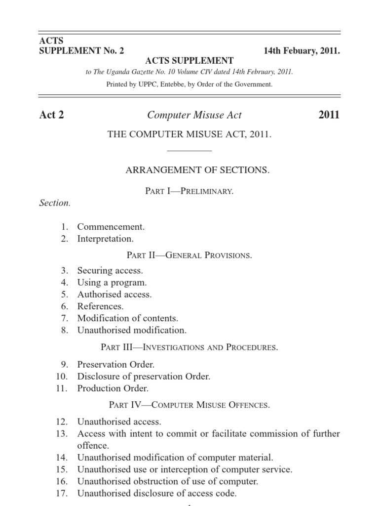 UGANDA Computer Misuse Act No. 2 of 2011 | PDF | Search And Seizure | Search Warrant