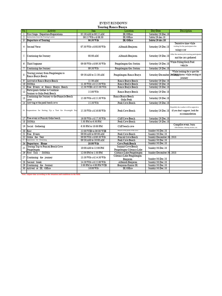 Event Rundown For Ranca Buaya Touring | PDF