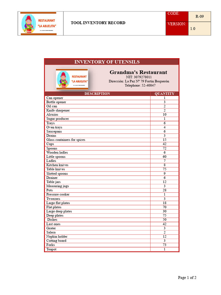 R-09 Inventory Record of Utensils | PDF | Kitchen Utensil | Tableware