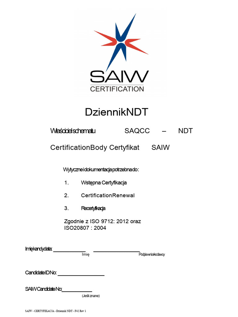 Certyfikacja SAIW - NDT - Dziennik NDT | PDF
