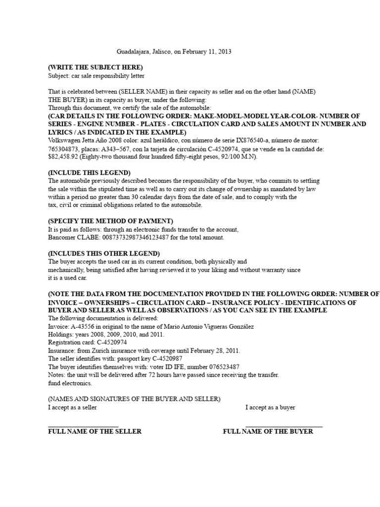 Letter of Responsibility for Car Sale example.docx | PDF | Invoice | Used Car