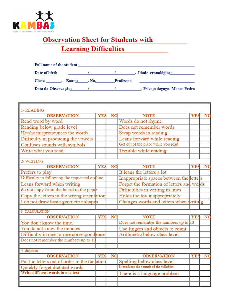 Observation Sheet For Students With Learning Difficulties | PDF ...