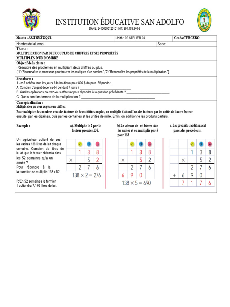 Multiplication et multiples pour 3e année | PDF | Multiplication ...