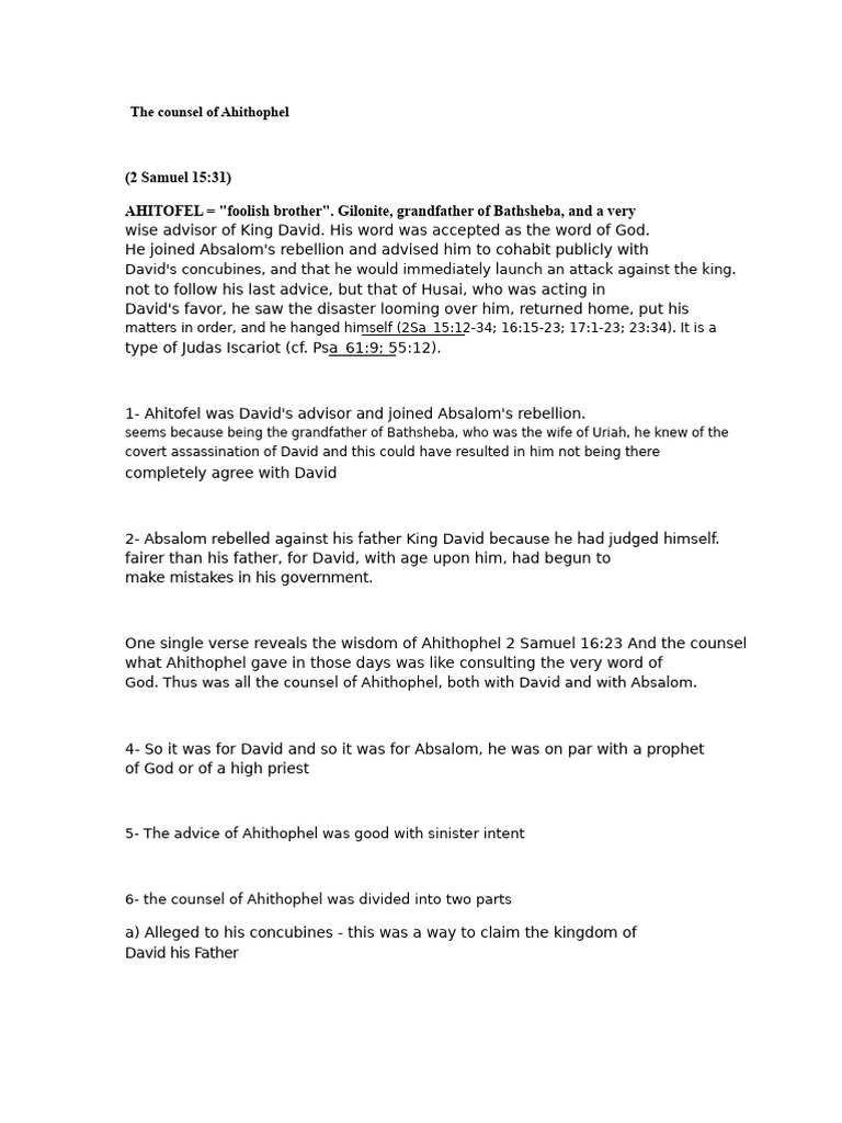 The Counsel of Ahithophel Explained | PDF | David