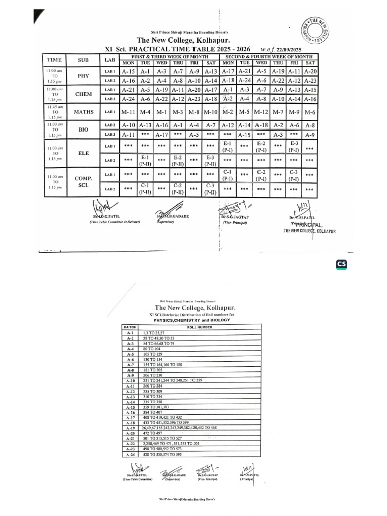 XI Sci - Practical Time Table | PDF