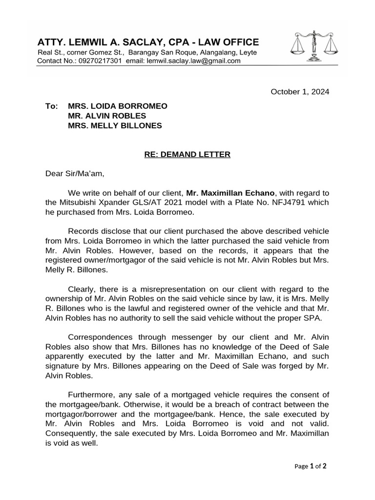 Demand Letter - Max Echano | PDF | Mortgage Law | Consent