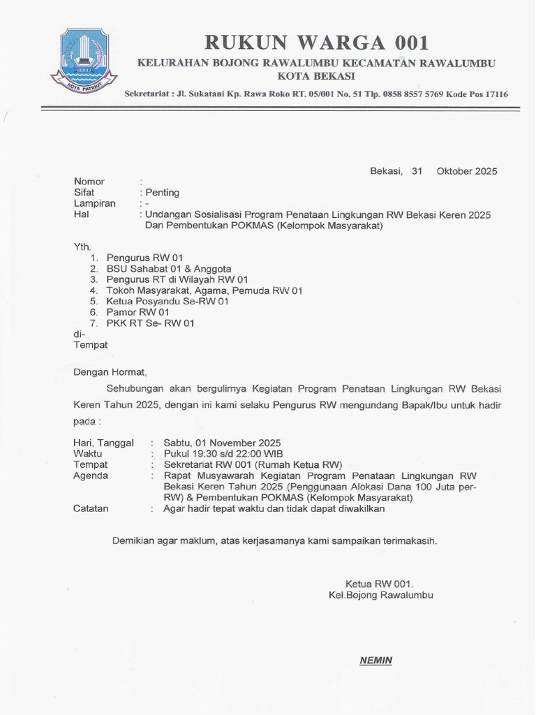 Undangan Sosialisasi & Pembentukan Pokmas RW Bekasi Keren | PDF
