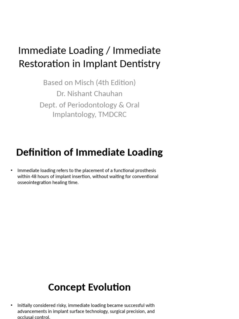 Immediate Loading in Implant Dentistry | PDF | Dental Implant | Medical ...