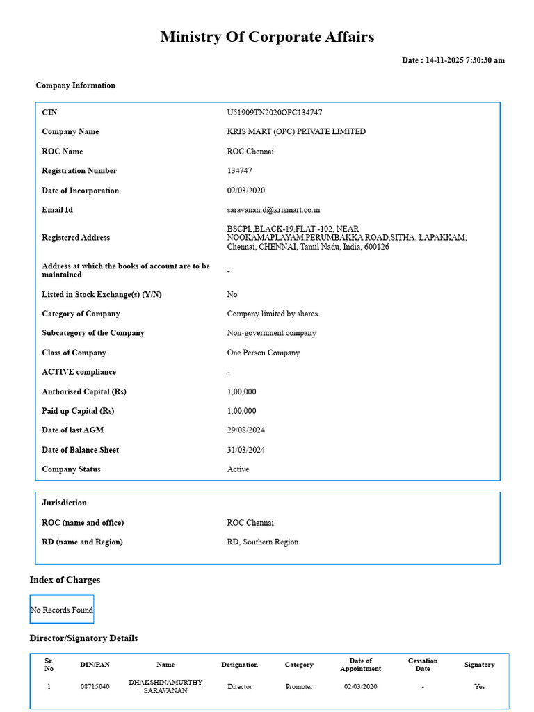 Ministry of Corporate Affairs - MCA Services - Kris Mart | PDF