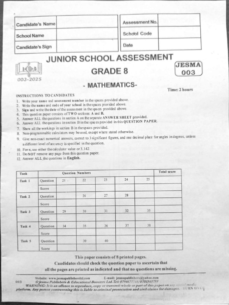 Grade 8 003 Jesma All Subjects With Marking Scheme | PDF