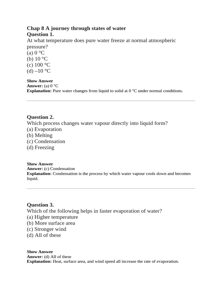Chap 8 A Journey Through States of Water STD 6 Mcqs | PDF | Water ...