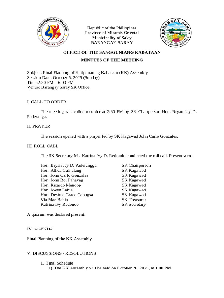 SK Minutes Final Planning of Katipunan NG Kabataan (KK) Assembly | PDF ...