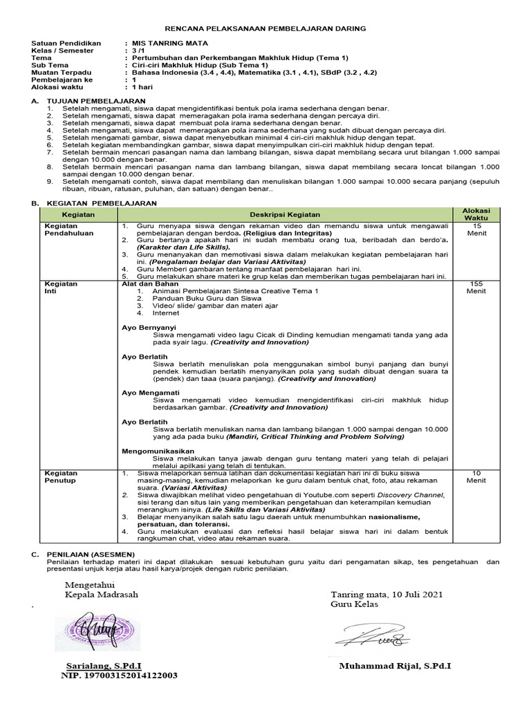 RPP DARING KELAS 3 SMT GANJIL TAHUN 2021 | PDF