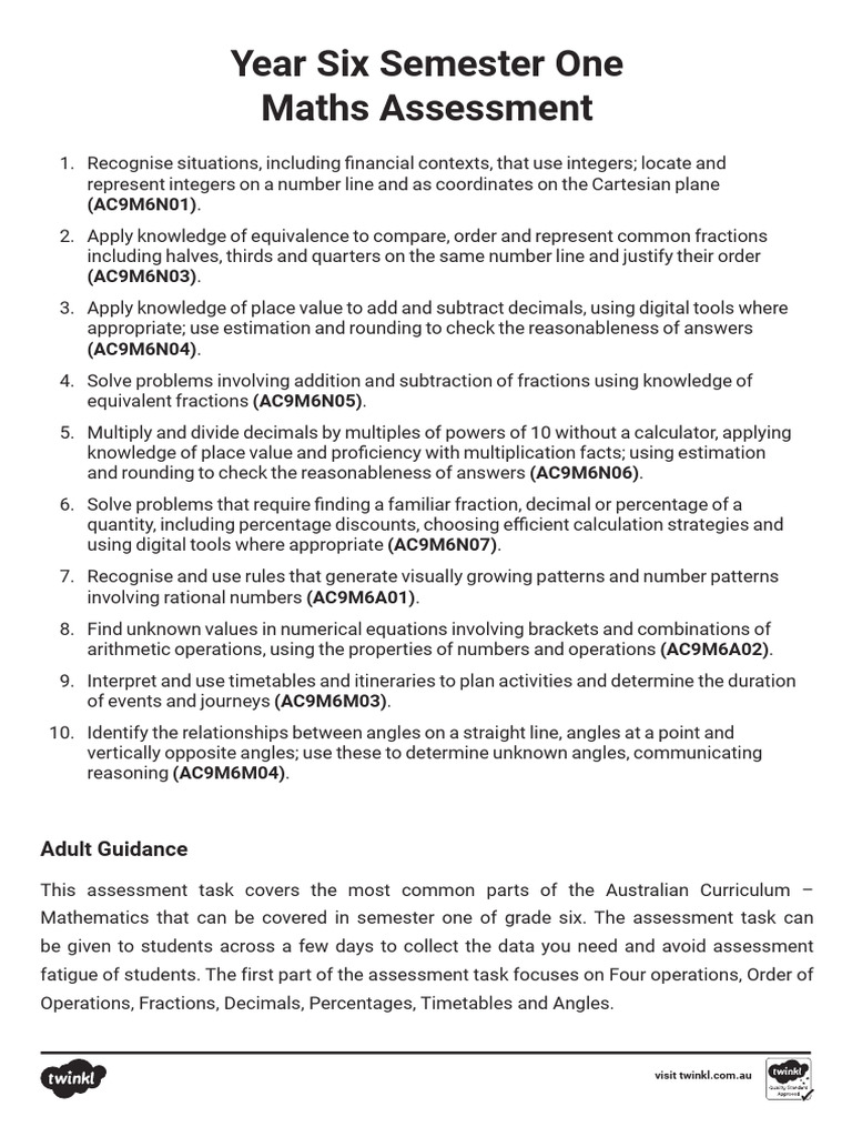 Year Six Semester One Maths Assessment: (AC9M6N01) | PDF | Numbers ...