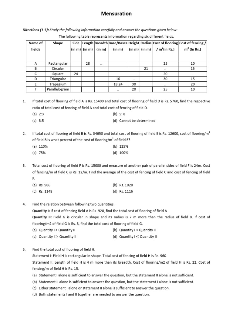 Questions On Mensuration | PDF | Geometry | Euclidean Geometry