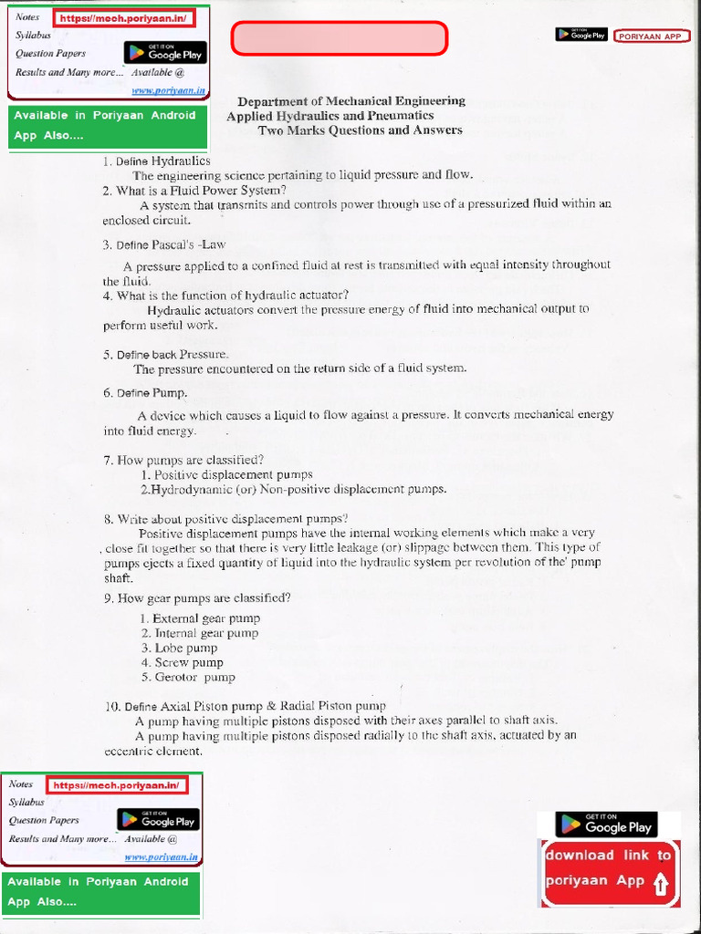 ME3492 Hydraulics and Pneumatics 2 Marks Questions and Answers | PDF ...