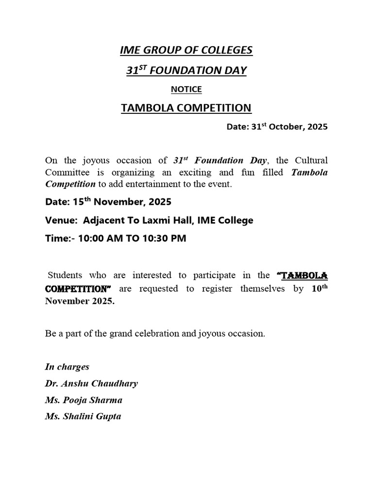 IME College Tambola Competition Notice | PDF
