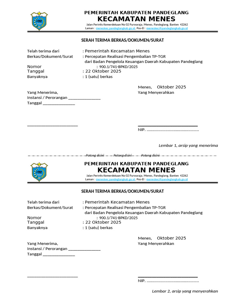Serah Terima Dokumen TP-TGR Menes | PDF