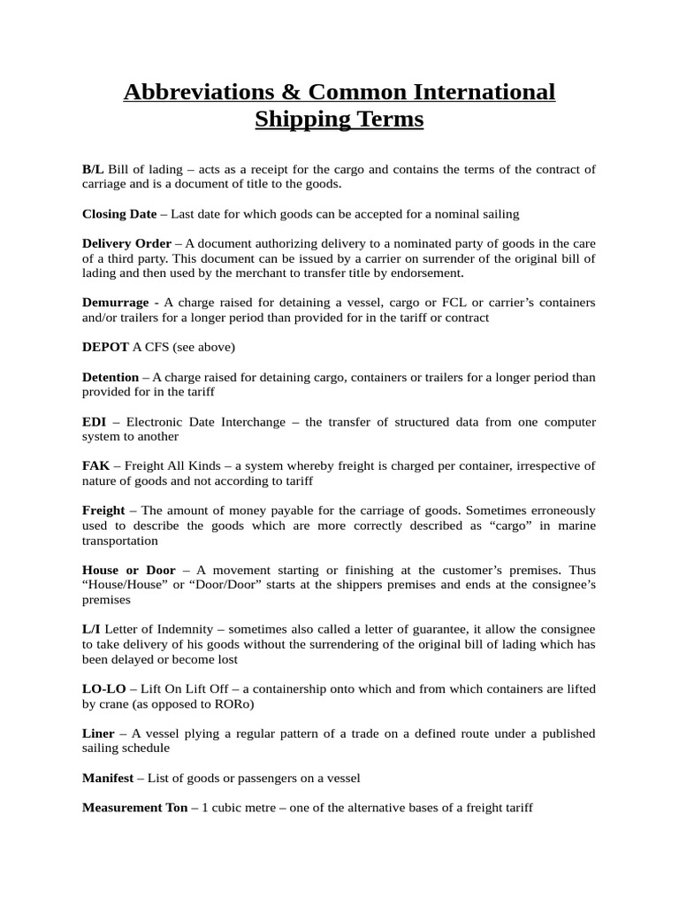 Abbreviations & Common International Shipping Terms | PDF | Letter Of ...