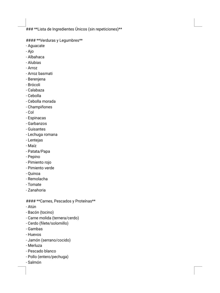 Lista de Ingredientes Únicos (Sin Repeticiones) | PDF