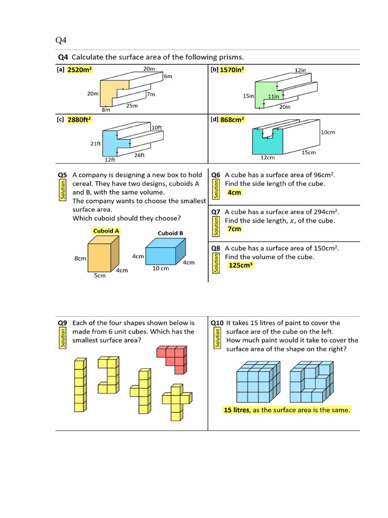 g7 Surface Area of Prisms HW Answers | PDF